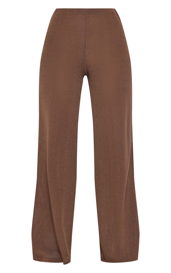 Tall Mocha Brown Ribbed Sheer Flared Pants | PrettyLittleThing CA