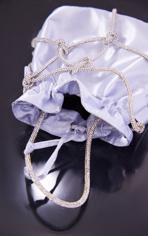 Silver Satin Diamante Bucket Bag | Accessories | PLT USA