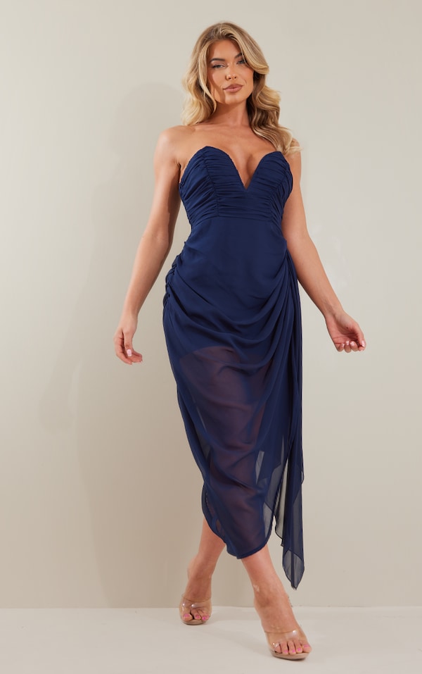 Navy Chiffon V Bar Pleated Bodice Midaxi Dress | Dresses | PLT