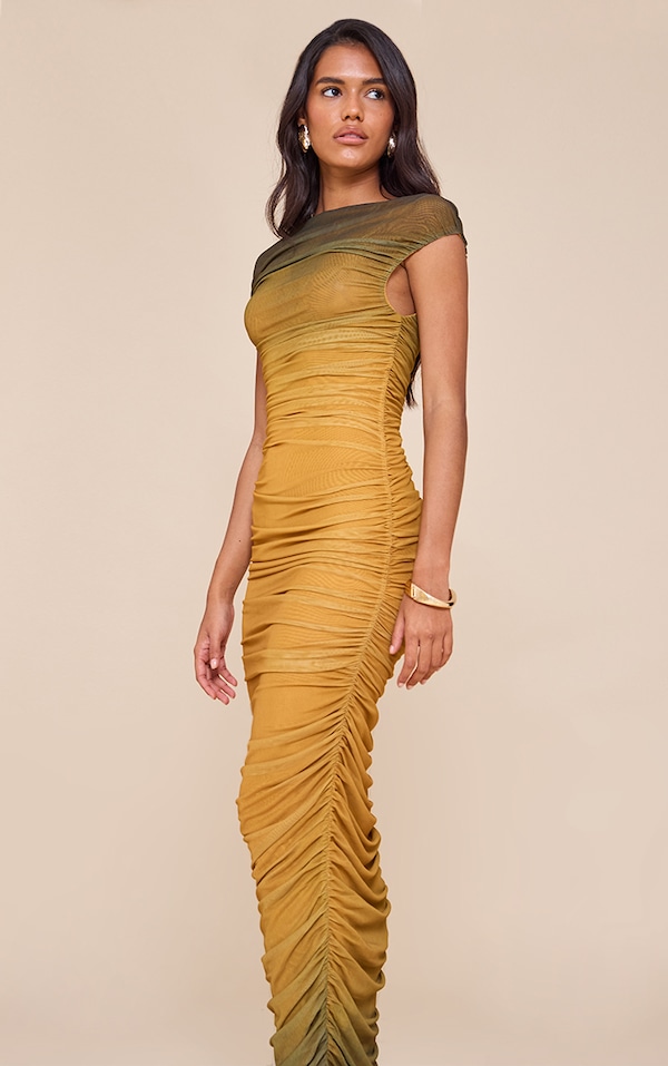Dark Ochre Ombre Lined Mesh Ruched Midaxi Dress | Dresses ...
