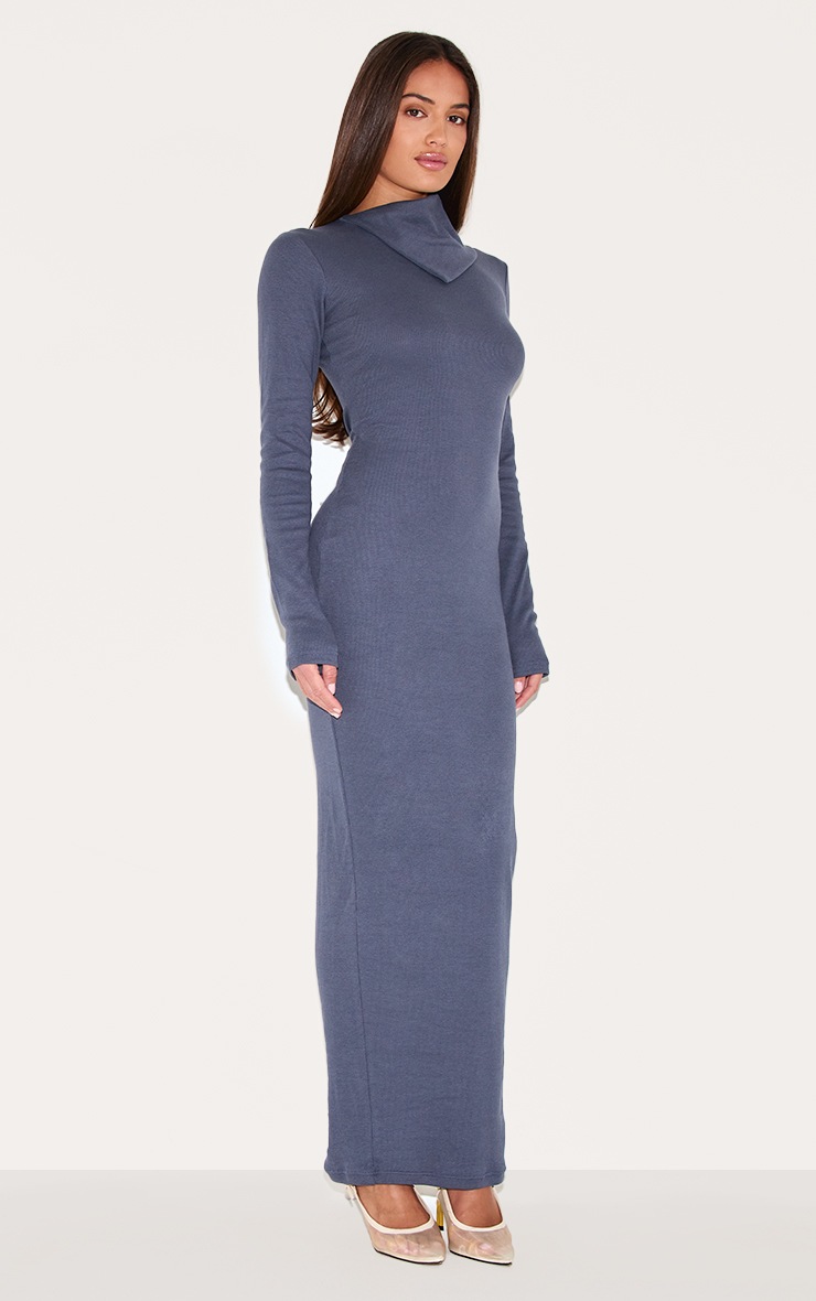 Navy Rib Oversized Collar Maxi Dress | Dresses | PLT