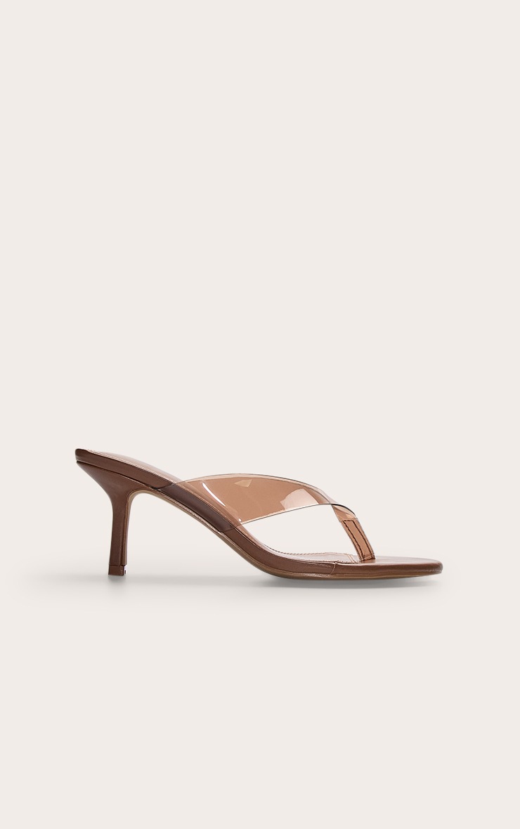 Brown Thong Perspex Straps Mid Heeled Mules | Footwear ...