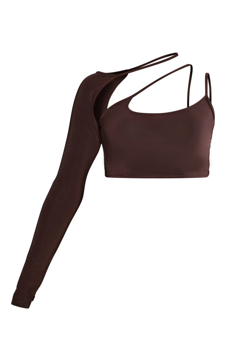 Chocolate Slinky Cut Out One Sleeve Crop Top | PrettyLittleThing USA