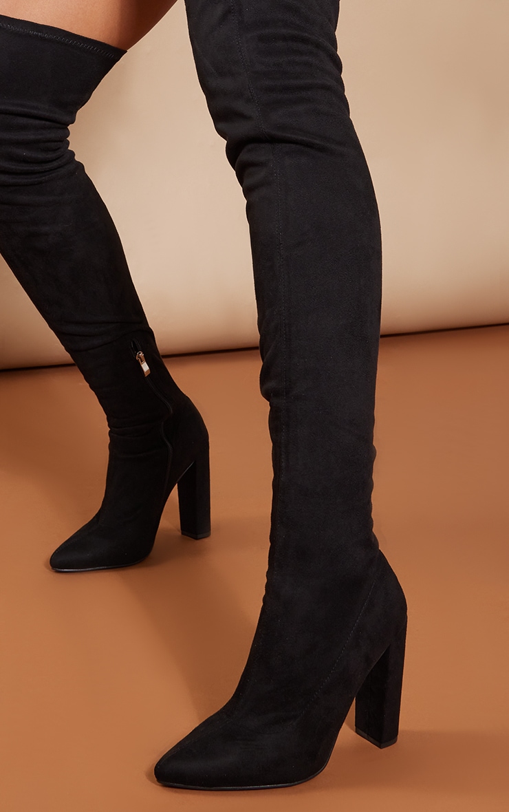 Black Rounded Point Toe Over The Knee Heeled Boots | Footwear | PLT