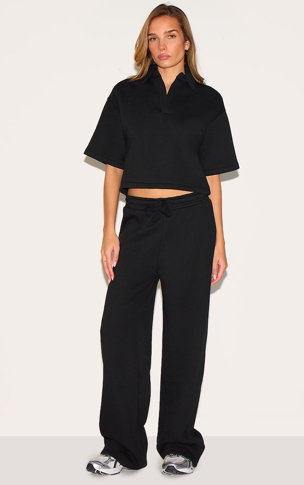 Black Boxy Collar Detail Cropped Sweatshirt | Athleisure | PLT