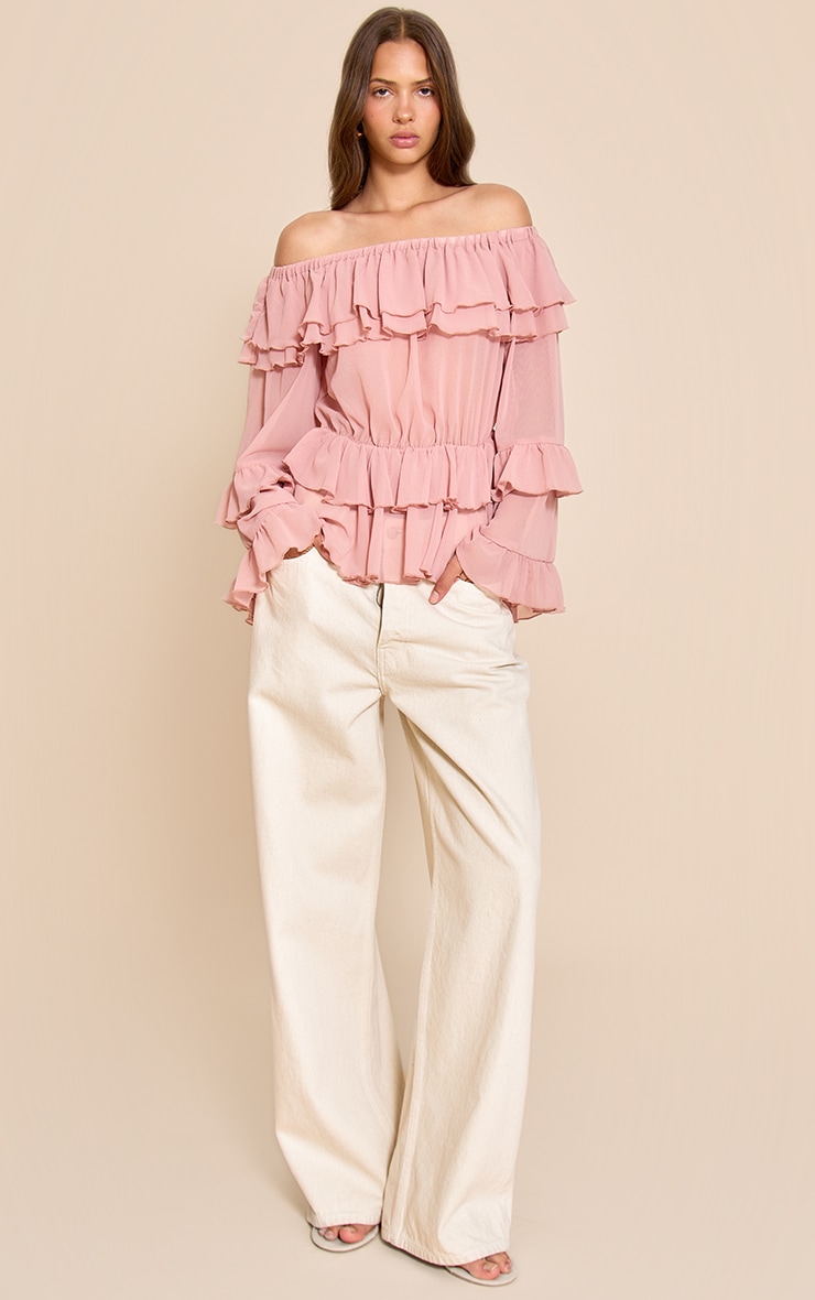 Pale Pink Chiffon Tiered Ruffle Bardot Top | Tops | PLT