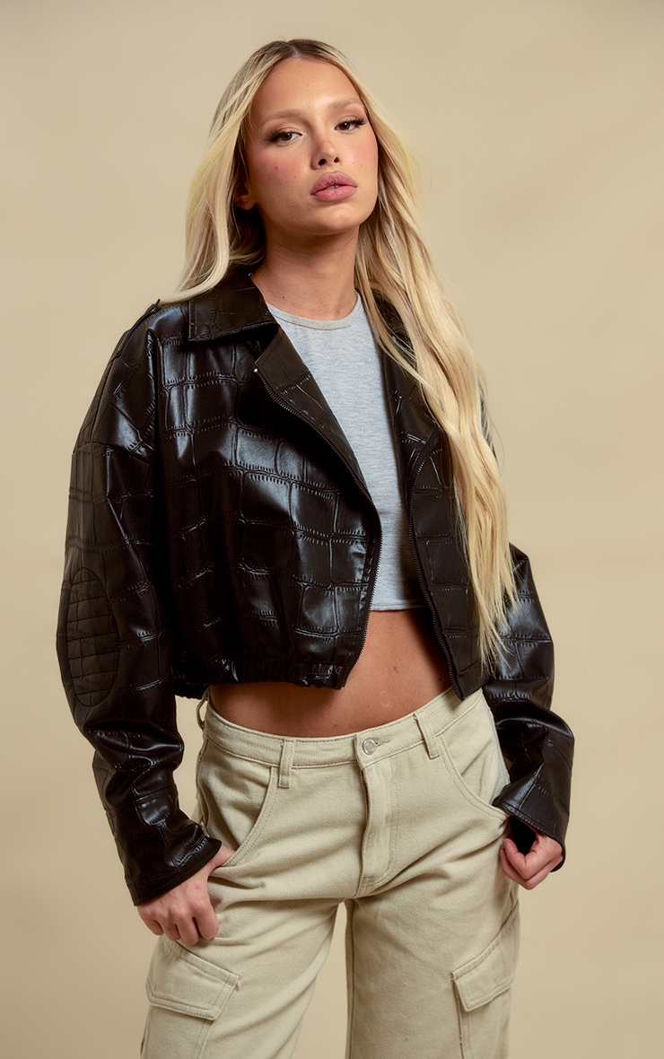 Black Croc PU Elasticated Hem Biker Jacket | Outerwear ...