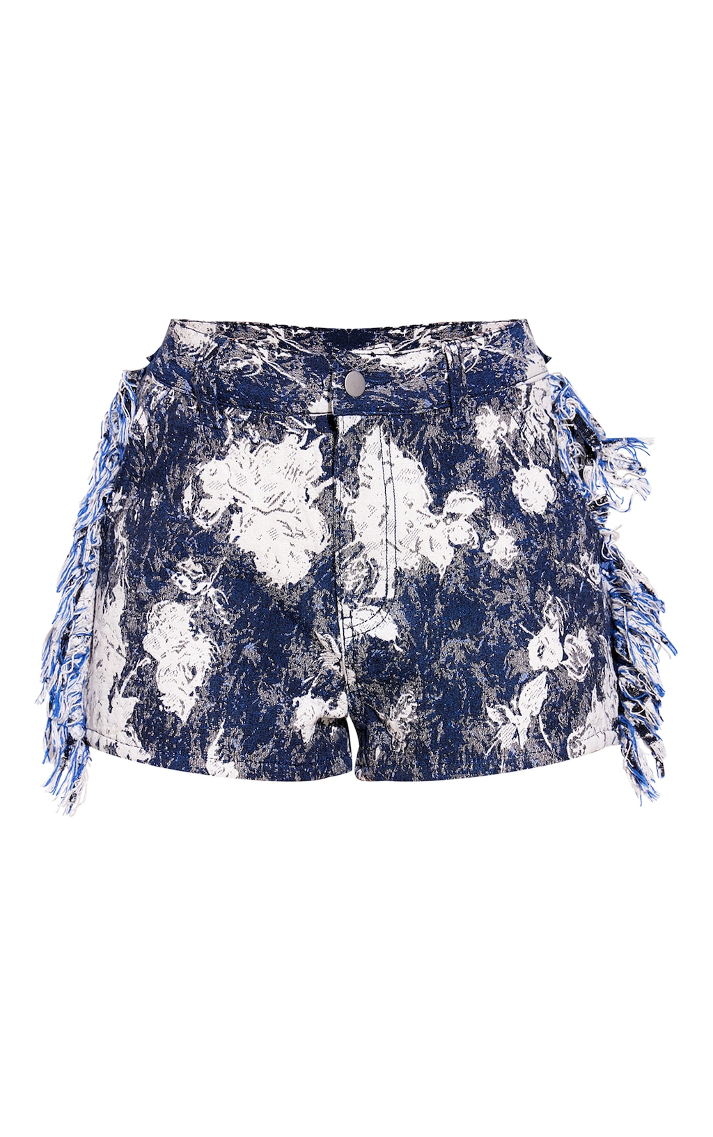 Blue Printed Jacquard Twill Tassel Side Shorts | Bottoms | PLT USA
