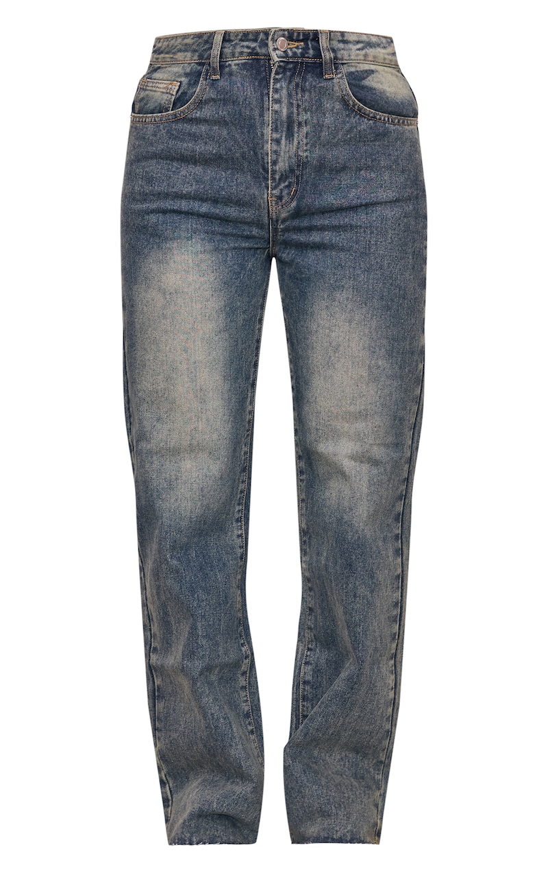 Indigo Vintage Wash Frayed Hem Straight Leg Jeans | Denim | PLT