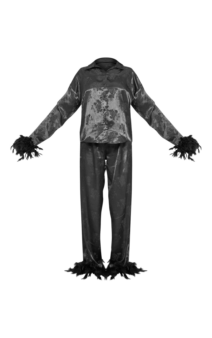 Black Satin Jacquard Feather Trim Long PJ Set | Lingerie & Nightwear | PLT