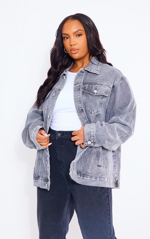Plus Washed Grey Oversized Boyfriend Denim Jacket | Plus Size | PLT