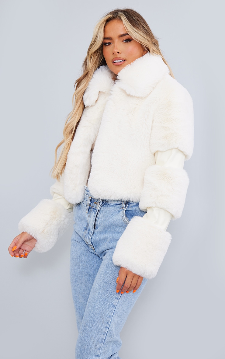 Cream Faux Fur Cropped Bubbled Coat | Outerwear | PLT USA