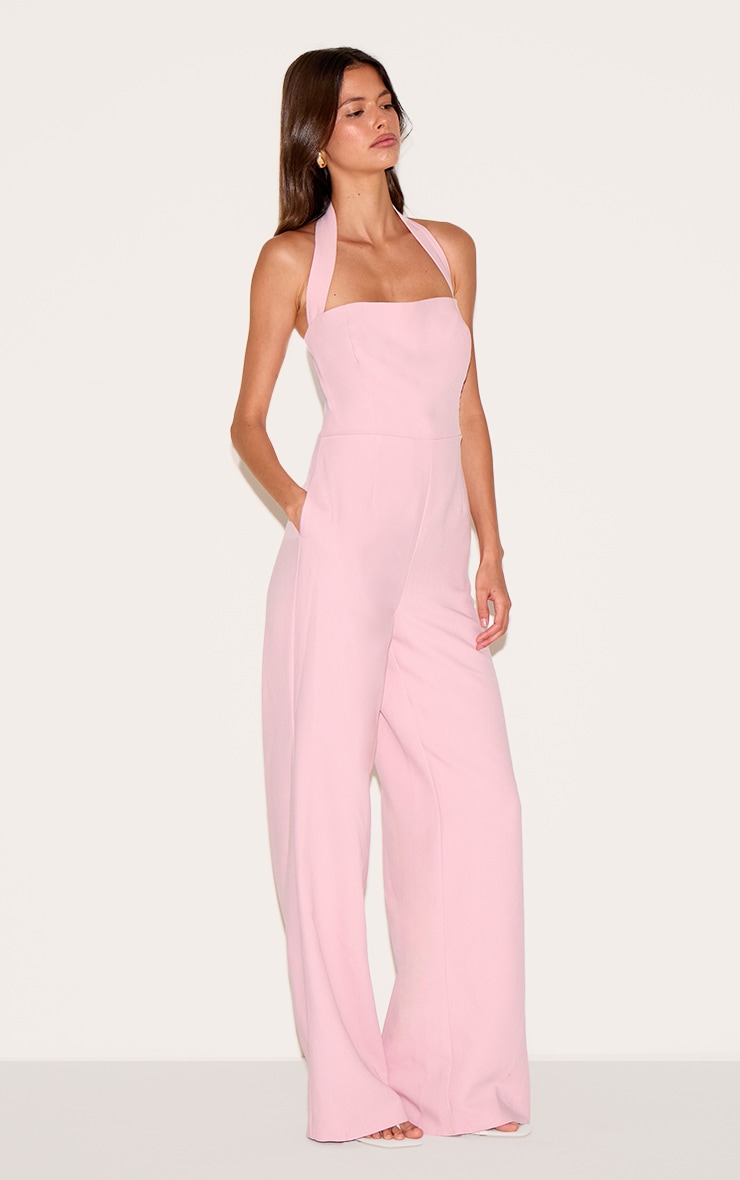Dusty Pink Woven Halterneck Straight Leg Jumpsuit | Dresses | PLT CA