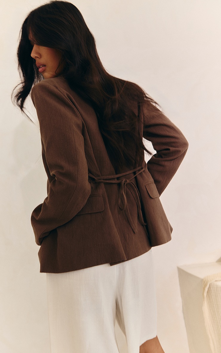 Mocha Linen Look Tie Waist Blazer | Outerwear | PrettyLittleThing AUS