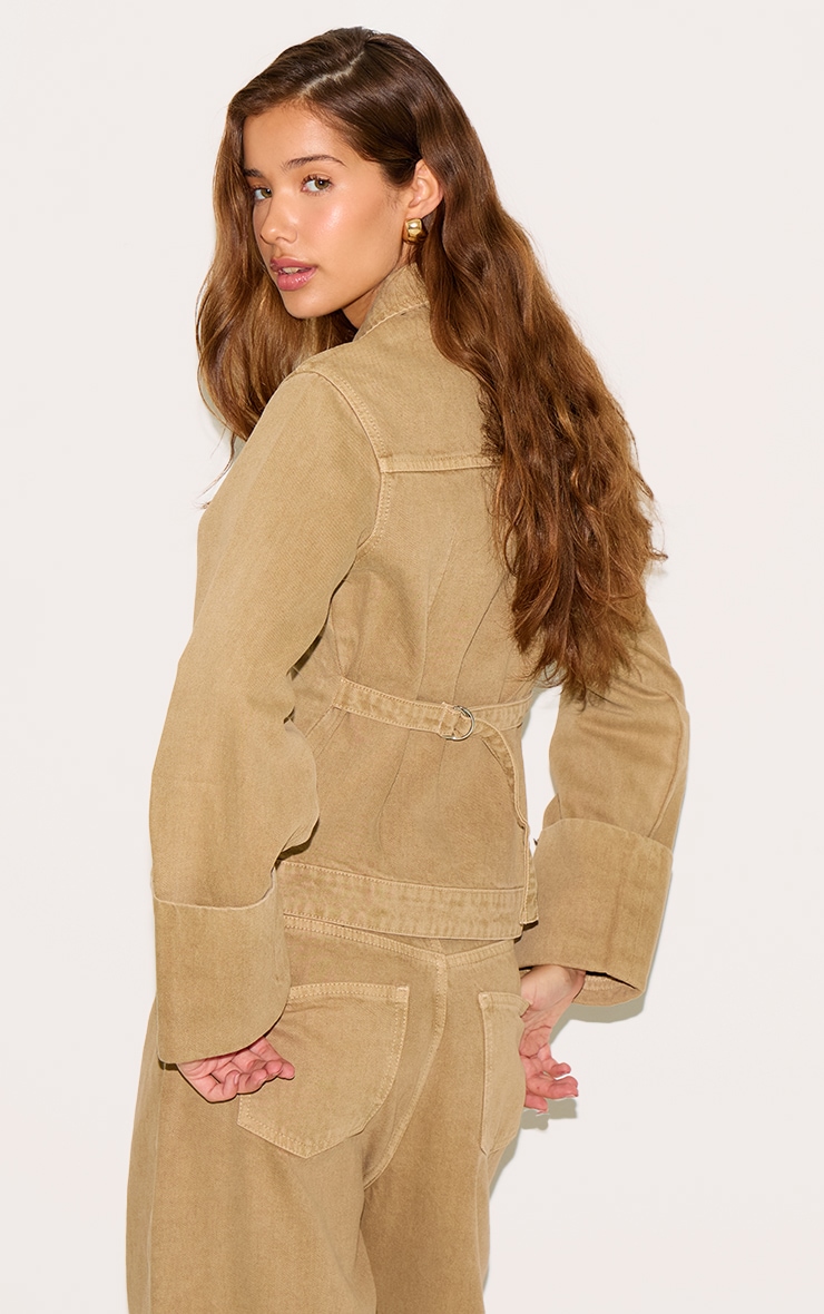 Khaki Turn Up Cuff Cinched Back Denim Jacket | Denim | PLT