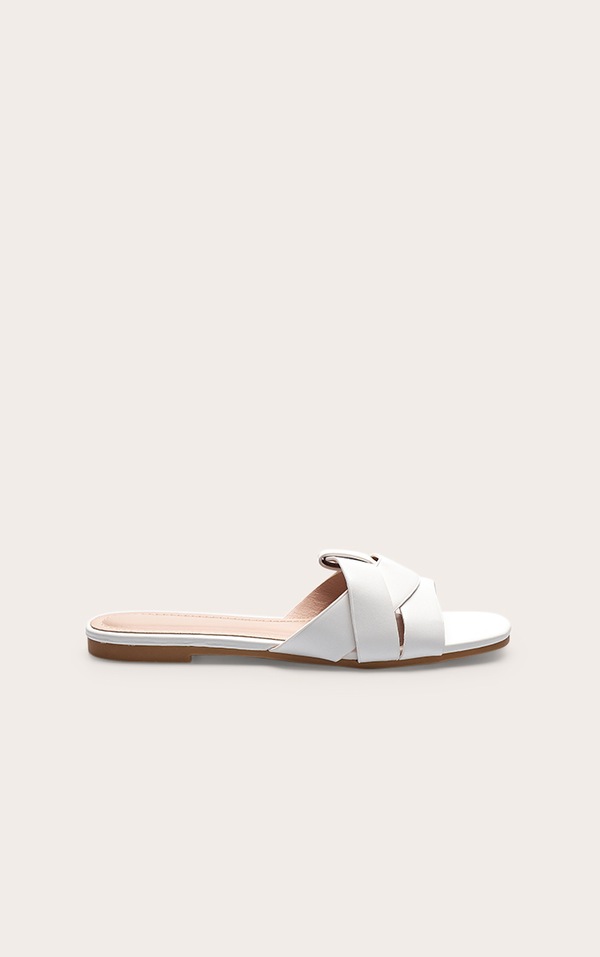White Faux Leather Round Toe Cross Over Sandal | Footwear | PLT