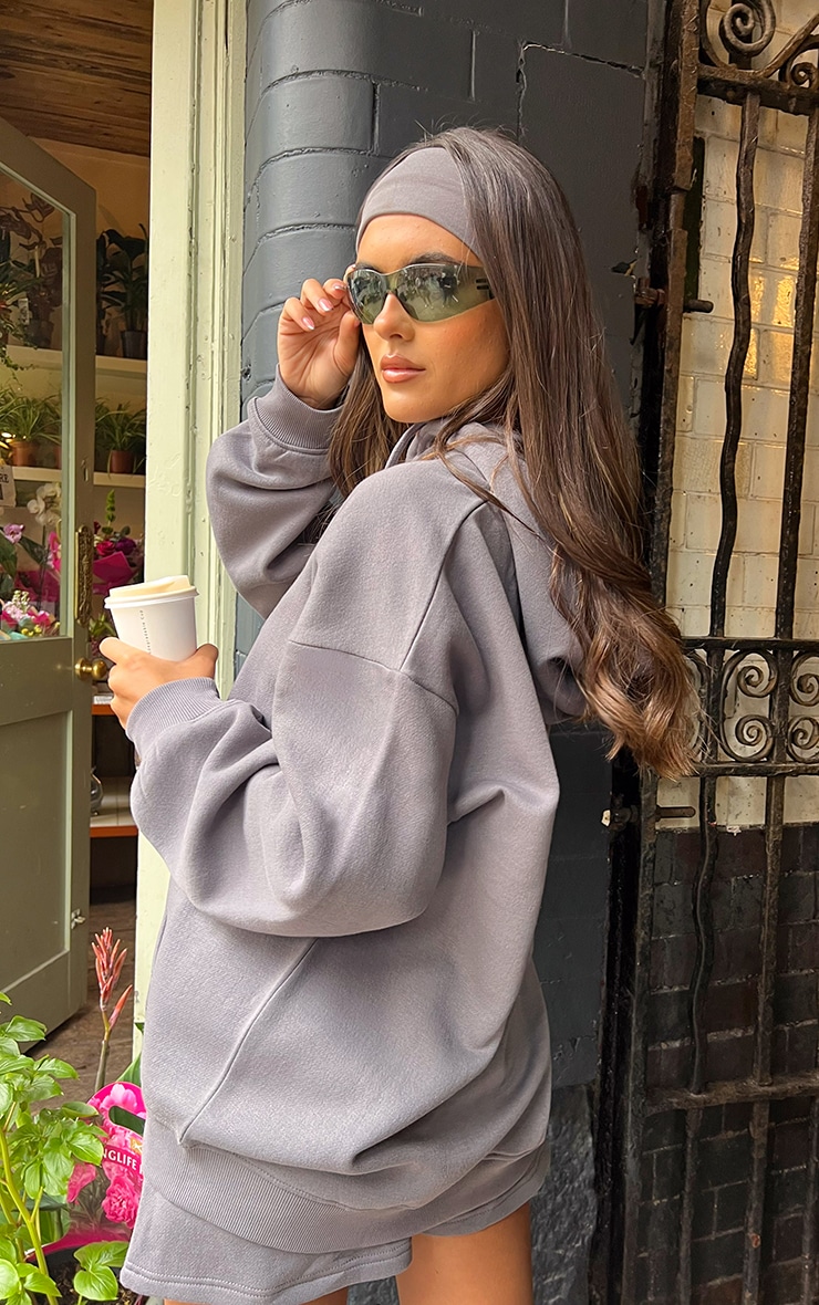 Plt Charcoal Grey Badge Oversized Zip Up Hoodie | PrettyLittleThing