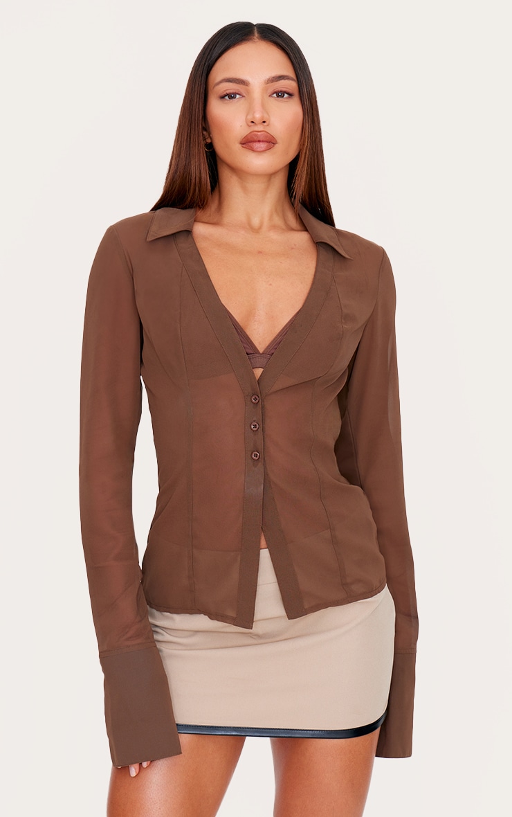 Tall Blouse En Mesh Chocolat À Boutons Devant | Tall | PrettyLittleThing FR