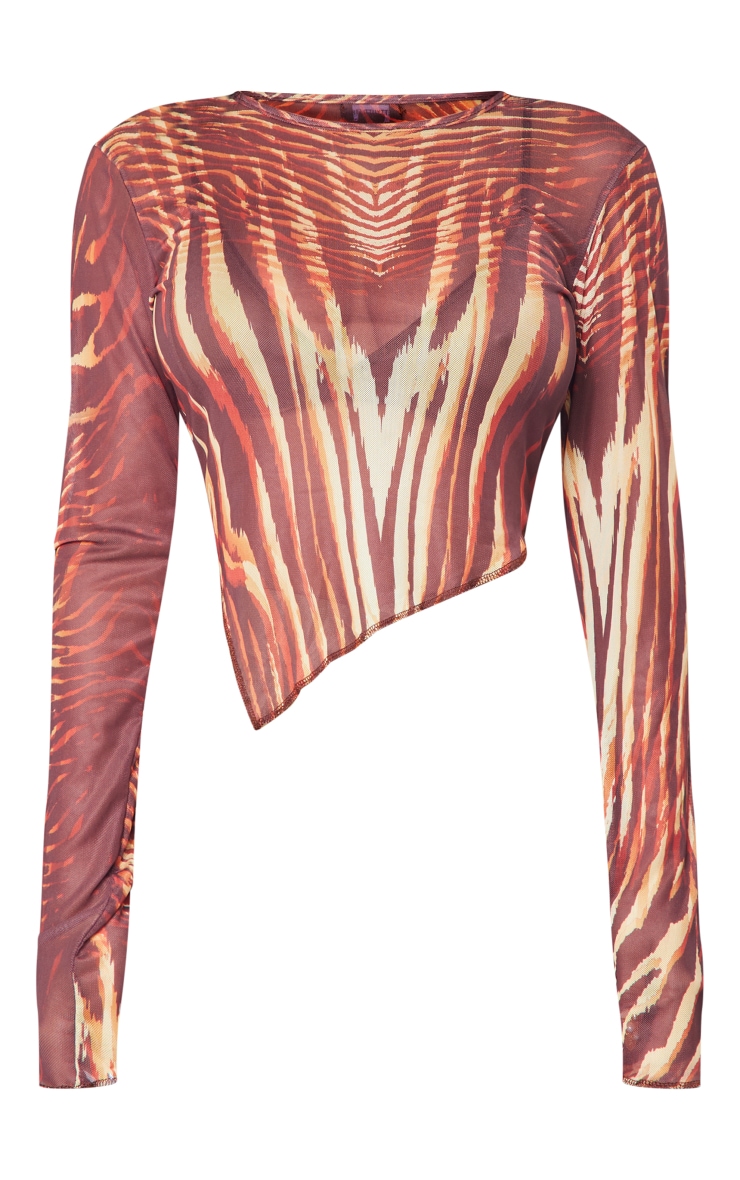 Petite Tiger Aysmetric Hem Mesh Longsleeve Top | PrettyLittleThing AUS