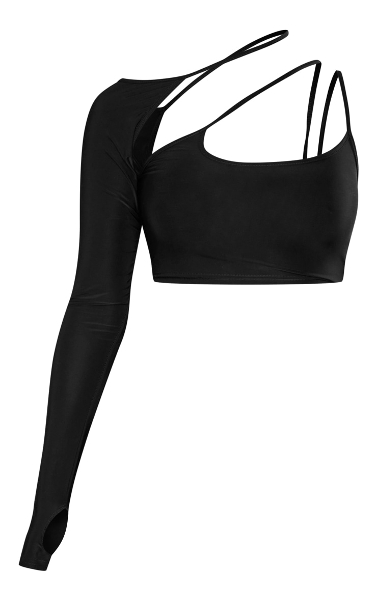 Black Cut Out Slinky One Sleeve Crop Top | PrettyLittleThing