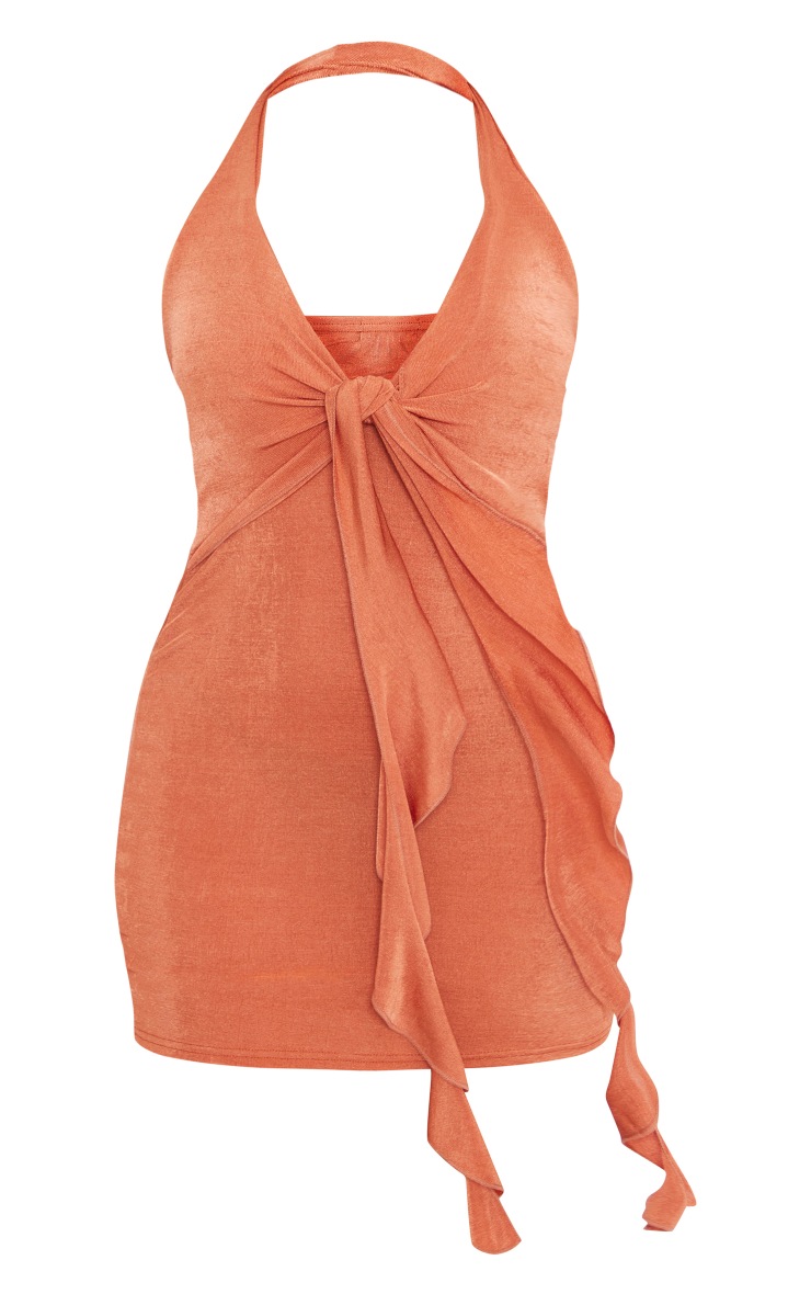 Rust Acetate Slinky Knot Halterneck Bodycon Dress | Dresses | PLT