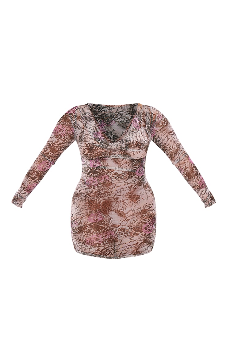Shape Brown Animal Printed Mesh Sheer Cowl Neck Long Sleeve Bodycon ...