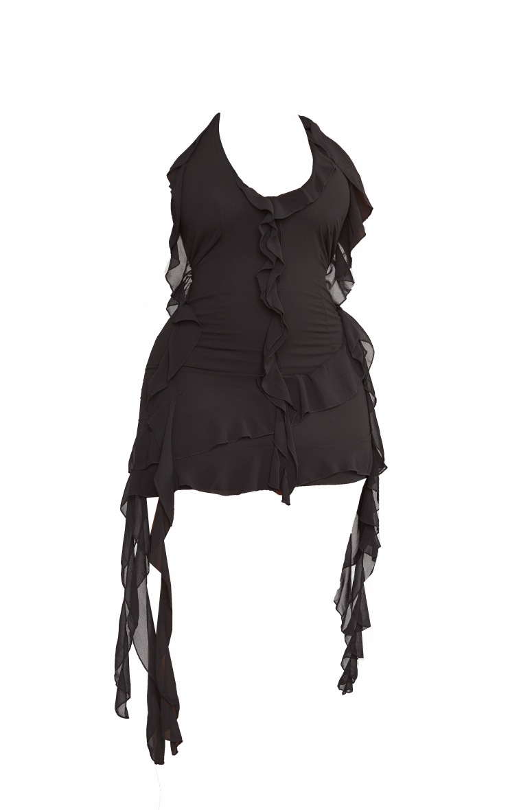 Plus Black Halter Neck Frilled Mini Dress Plus Size Prettylittlething Usa