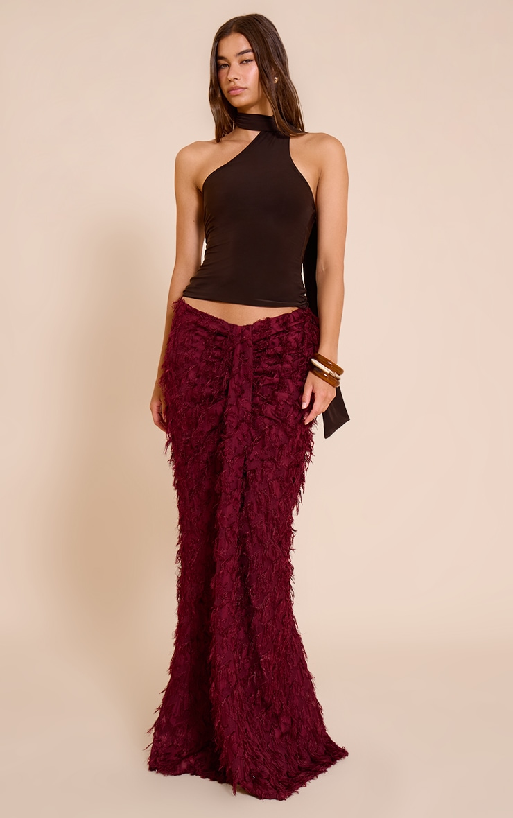 Deep Red Distressed Woven Dip Waist Maxi Skirt | Bottoms | PLT