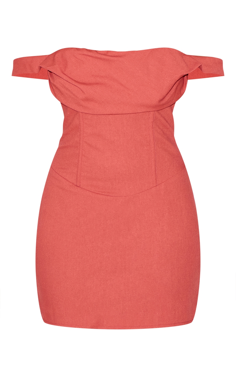 Burnt Orange Draped Bardot Corset Bodycon Dress | Dresses | PLT USA
