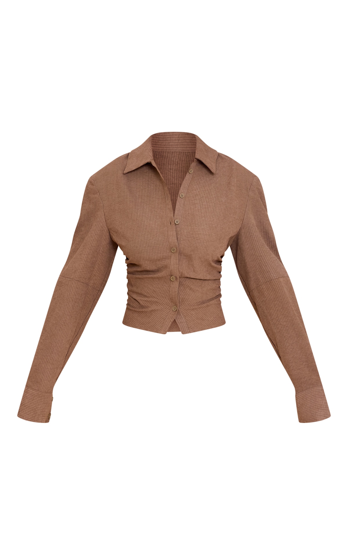 Mushroom Pinstripe Ruched Shoulder Pad Shirt | Tops | PLT USA