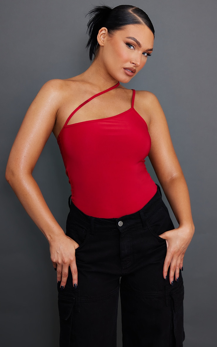 Dusty Red Slinky Asymmetric Bodysuit | Tops | PLT