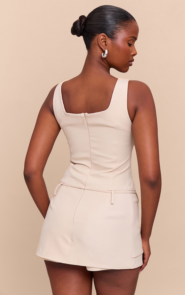 Beige Woven Belt Detail Skort Playsuit | Dresses | PLT