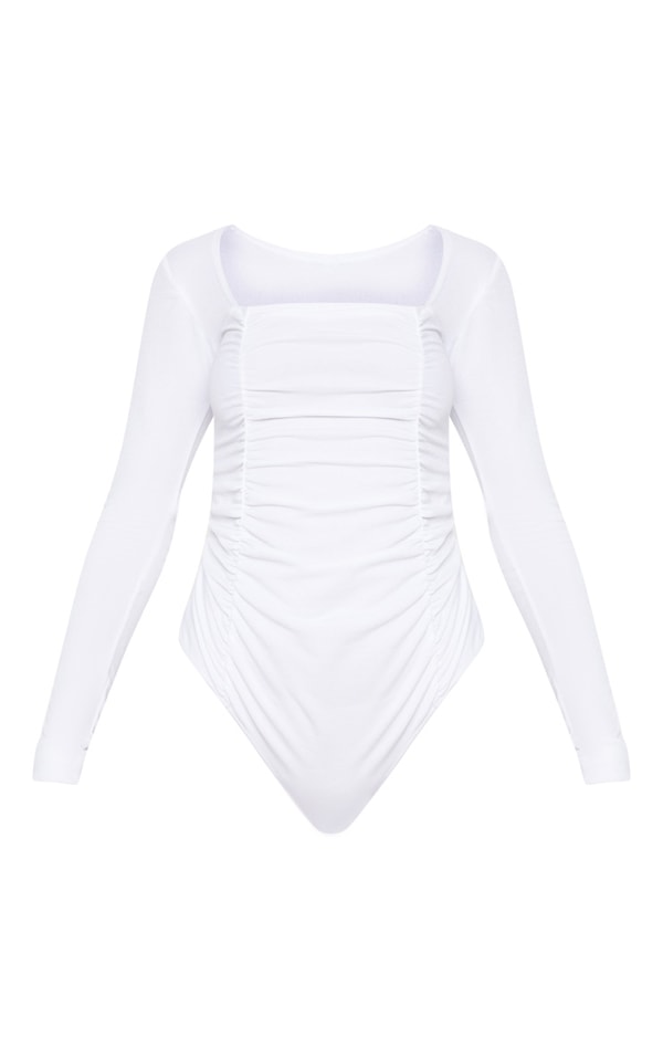 White Long Sleeve Ruched Bodysuit | Tops | PrettyLittleThing AUS