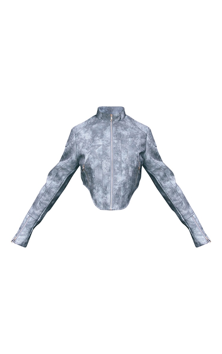 Washed Blue PU Star Embroidery Biker Jacket | Outerwear | PLT