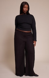 Plus Black Soft Rib Boat Neck Long Sleeve Top | Plus Size | PLT