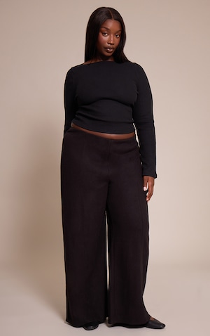 Plus Black Soft Rib Boat Neck Long Sleeve Top | Plus Size | PLT