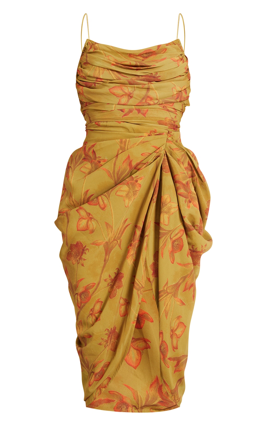 Green Abstract Chiffon Ruched Drape Midi Dress | Dresses | PLT