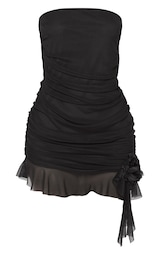Petite Black Ruched Mini Dress With Rose Detail | PrettyLittleThing