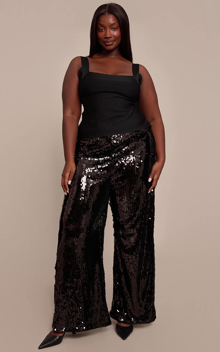 Plus Black Sequin Wide Leg Floaty Pants | Plus Size | PrettyLittleThing USA
