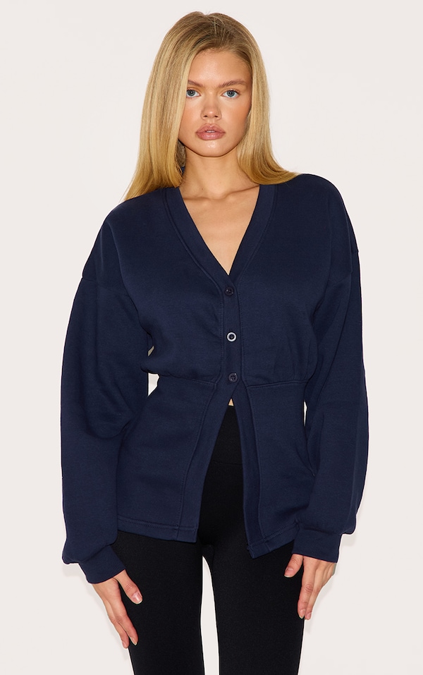 Navy Fitted Waist Button Front Sweatshirt | Athleisure ...