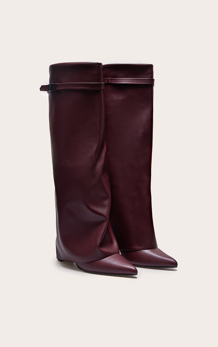 Burgundy Fold Over Knee Block Heeled Boots | Footwear | PLT