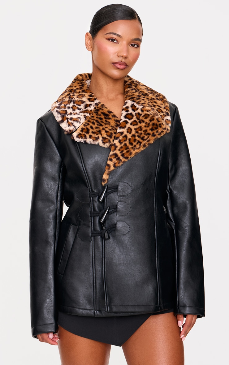 Black Faux Fur Trim Contrast Faux Leather Jacket | Outerwear ...