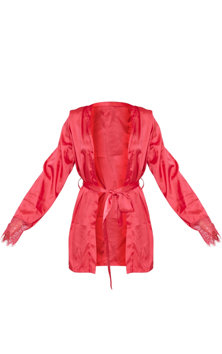 Hot Pink Satin Full Back Lace Panel Tie Waist Robe | PrettyLittleThing USA
