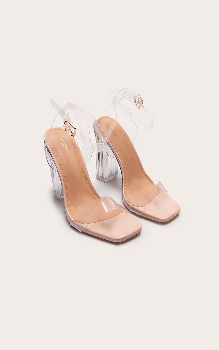 Nude Wide Fit Clear High Block Heel Strappy Heel Sandals | Footwear ...