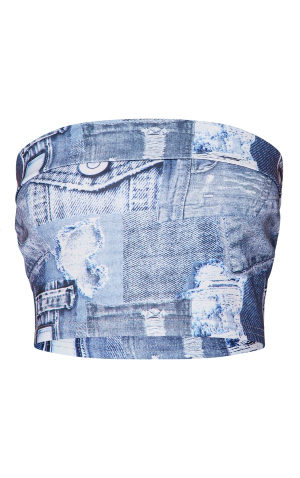 Blue Denim Print Stretch Woven Fold Over Bandeau | Co-ords | PLT