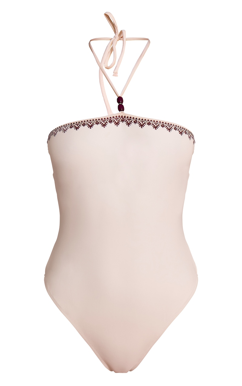 Cream Embroidered Bead Detail Halter Swimsuit | Swimwear | PLT