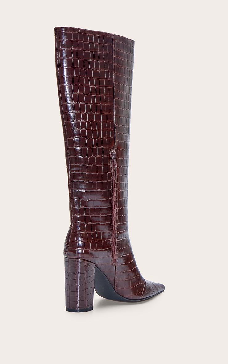 Chocolate Croc Point Toe Block Heel Knee High Boot | Footwear | PLT CA