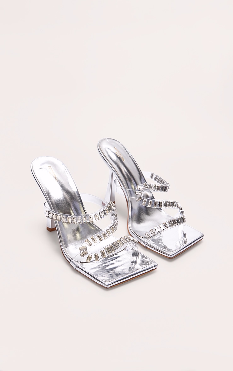 Silver Wide Fit Metallic Diamante Strap Heel Mules | Footwear | PLT
