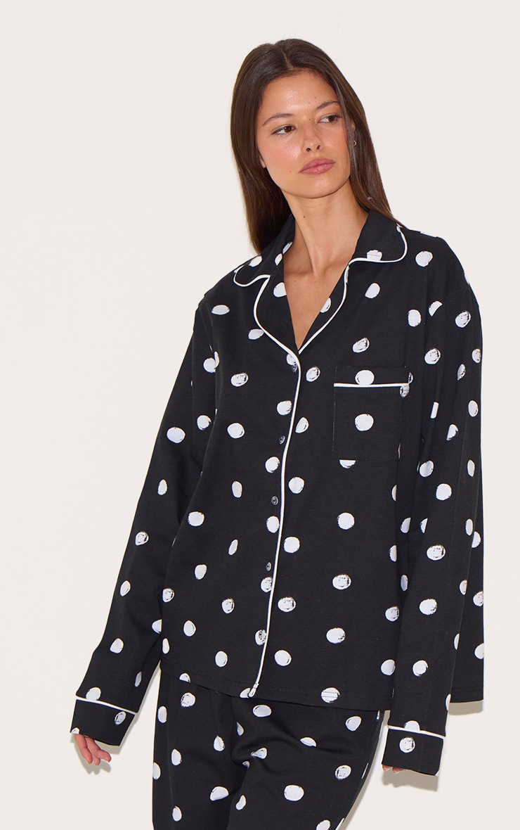 Black Polka Dot Jersey Piping Detail Long PJ Set | Lingerie & Nightwear ...