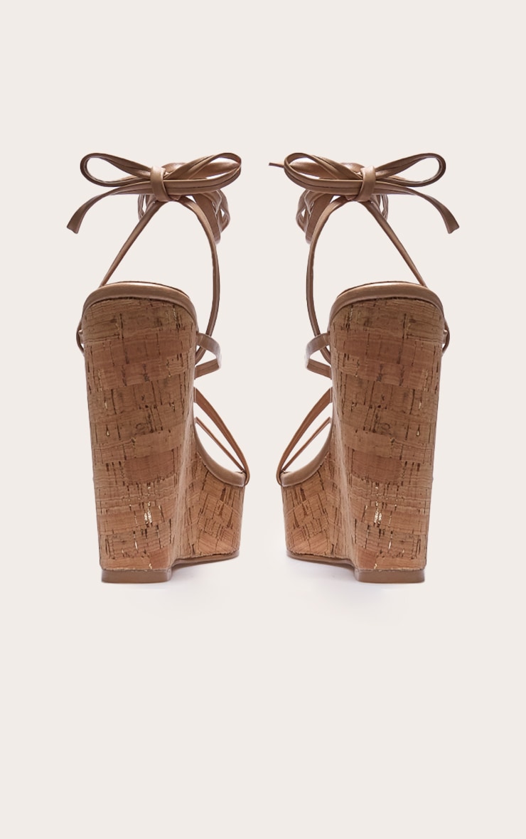 Nude Pu Strappy Lace Up High Heel Cork Wedges | Footwear | PLT
